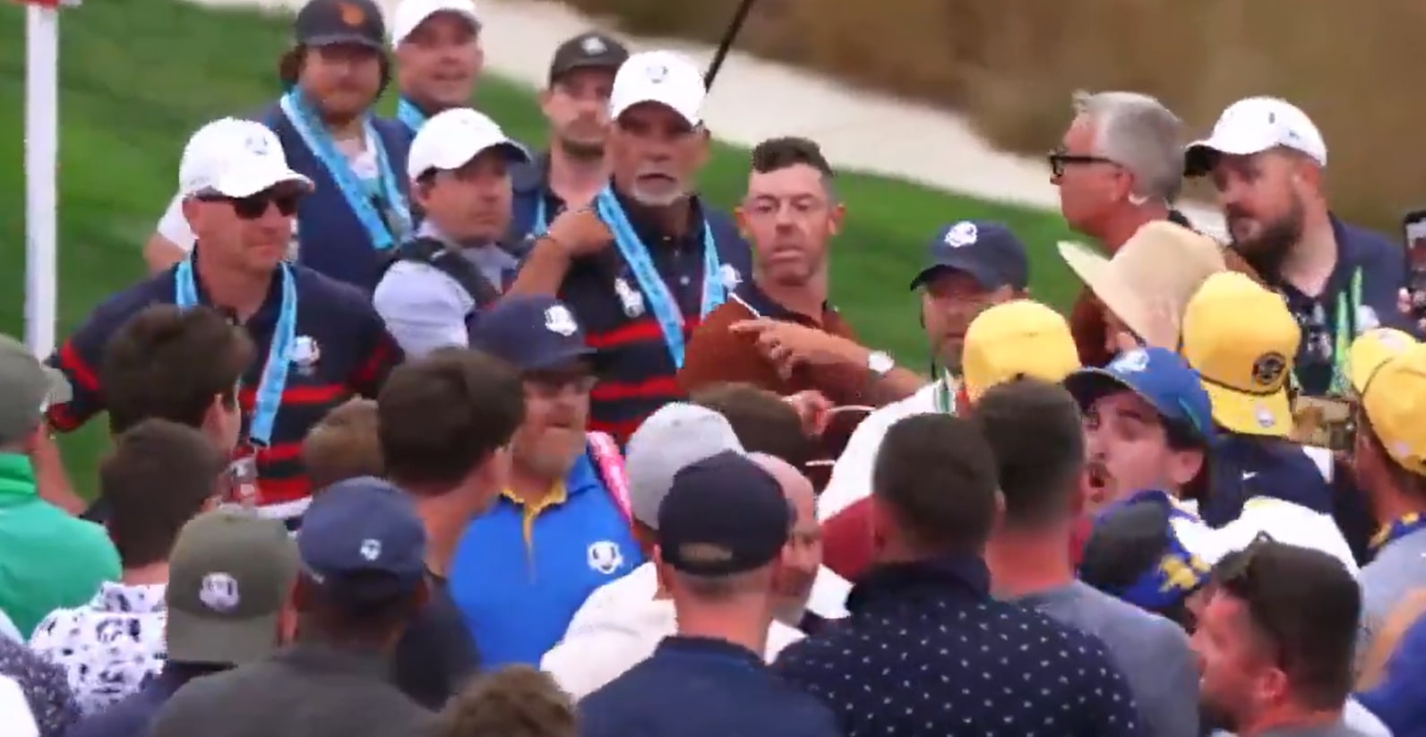 Ryder Cup fan throws drink over Rory McIlroy and his wife